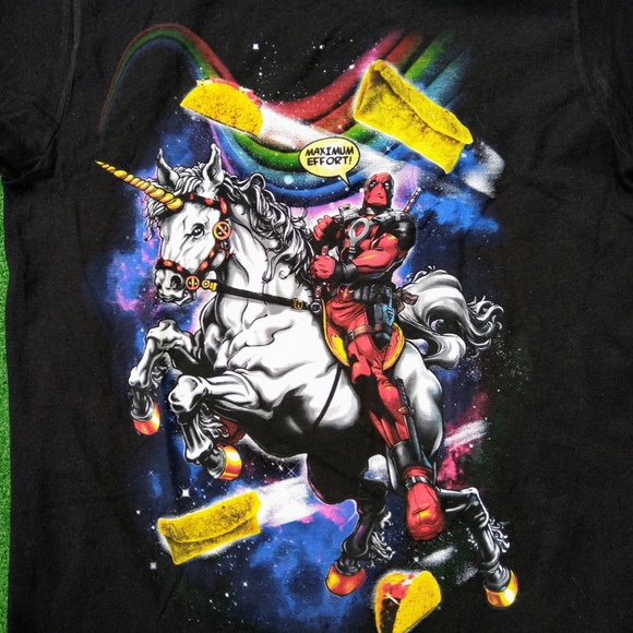 Marvel | Shirts | Marvel Deadpool Maximum Effort Unicorn On A Rainbow Tacos In Space Adult Shirt ...